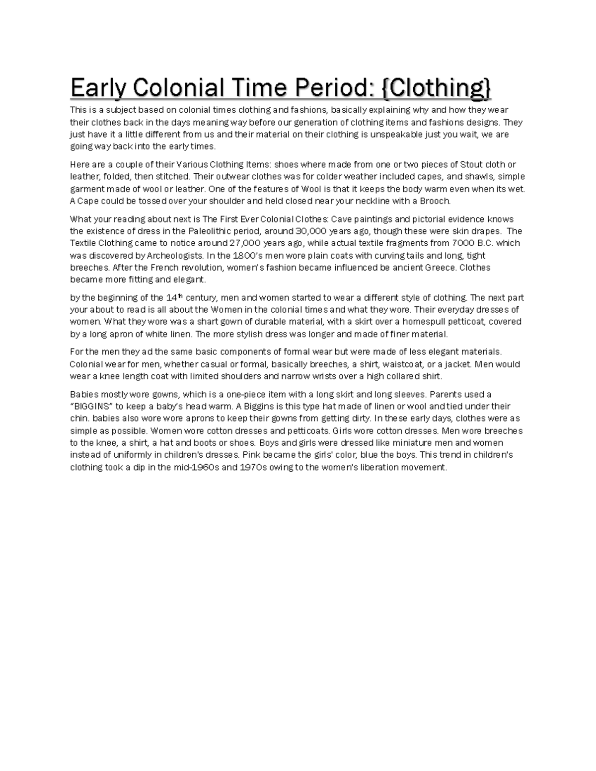 Sarah's colonial times project - Early Colonial Time Period: {Clothing ...