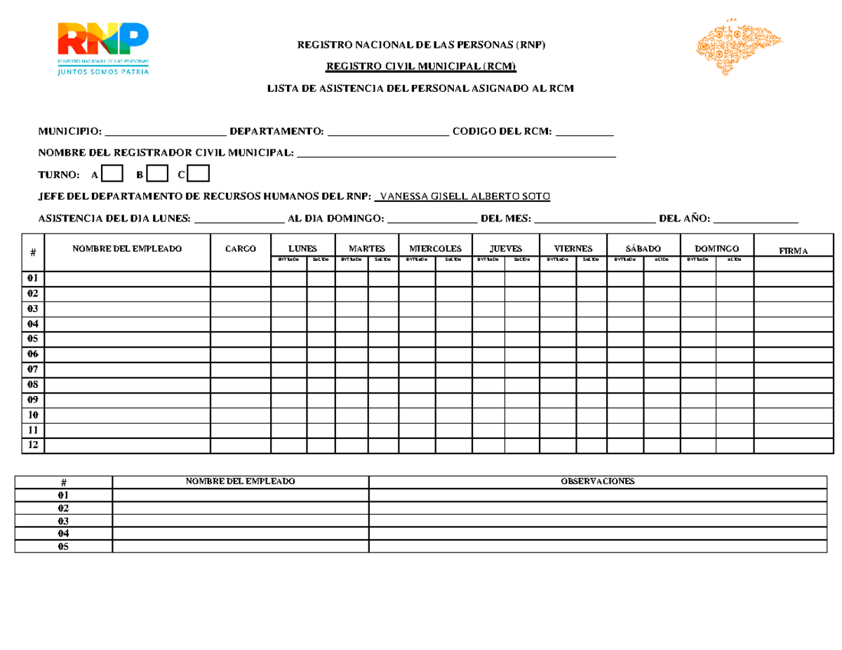 Formato de Asistencia RCM Jornada Extendida - REGISTRO NACIONAL DE LAS ...