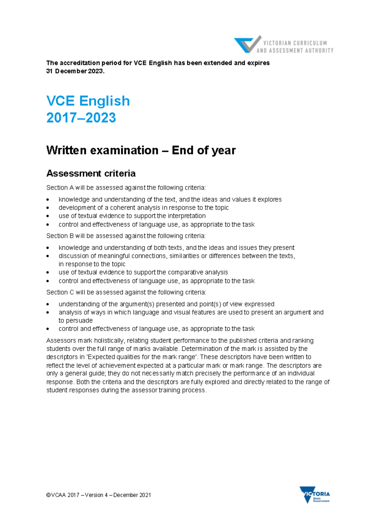 VCAA Section B Marking Guide - © VCAA 2017 – Version 4 – December 2021 ...