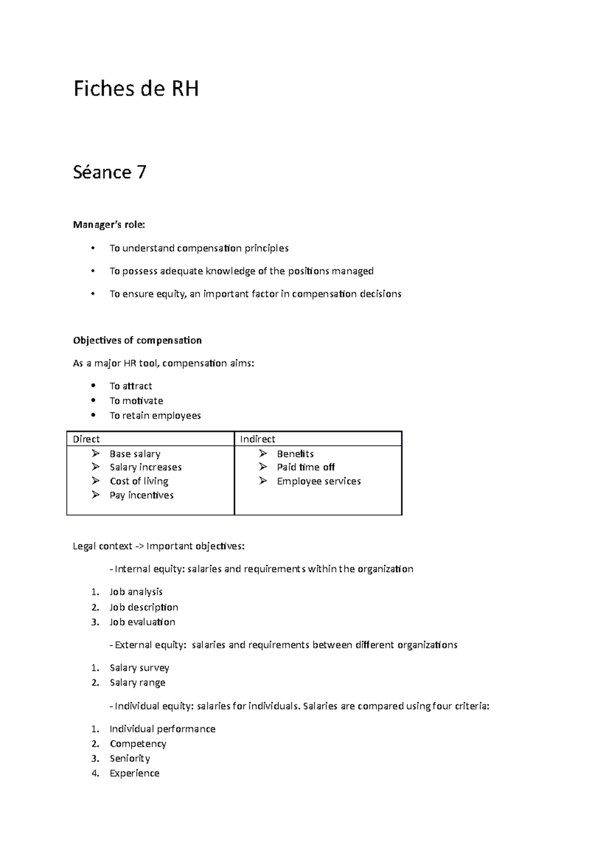 Fiche RH final - Fiches de RH Séance 7 Manager’s role: To understand compensation principles To ...