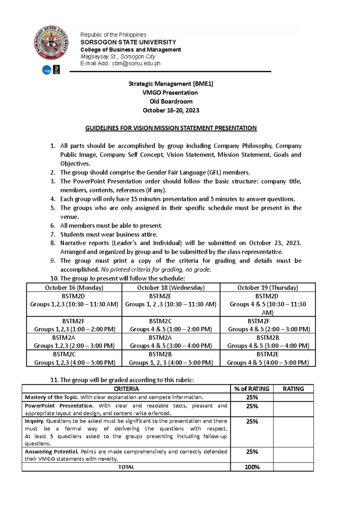 Guidelines for VMGO Presentation with Rubrics - Republic of the ...