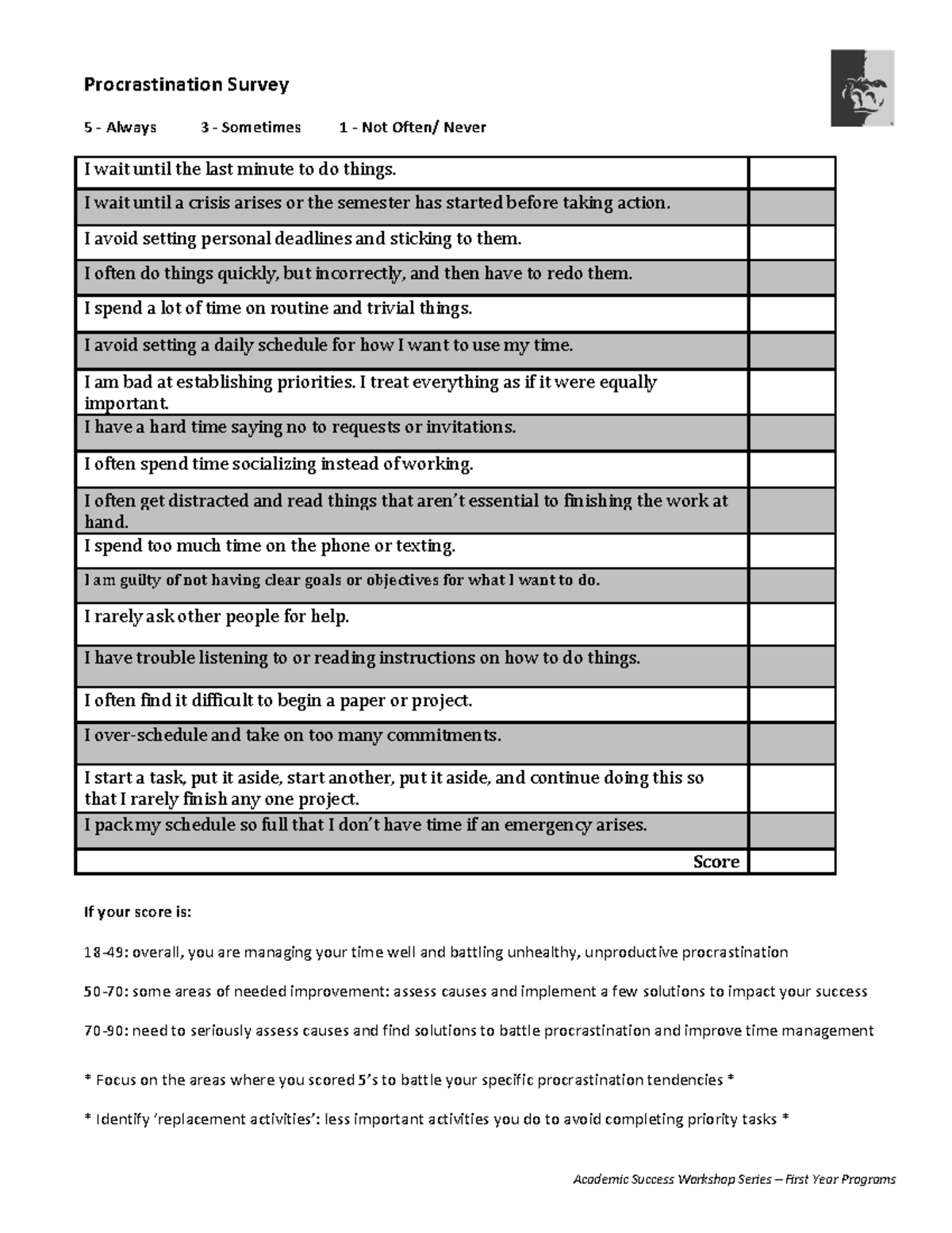 Procrastination-survey - Academic Success Workshop Series – First Year ...