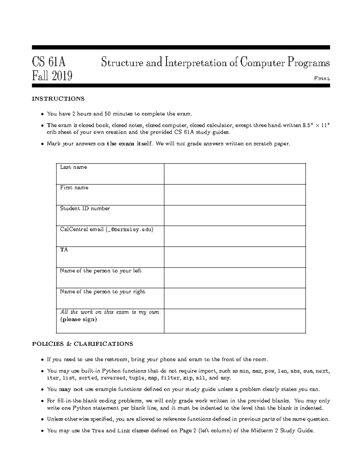 61a-fa19-final - other - CS 61A Structure and Interpretation of ...