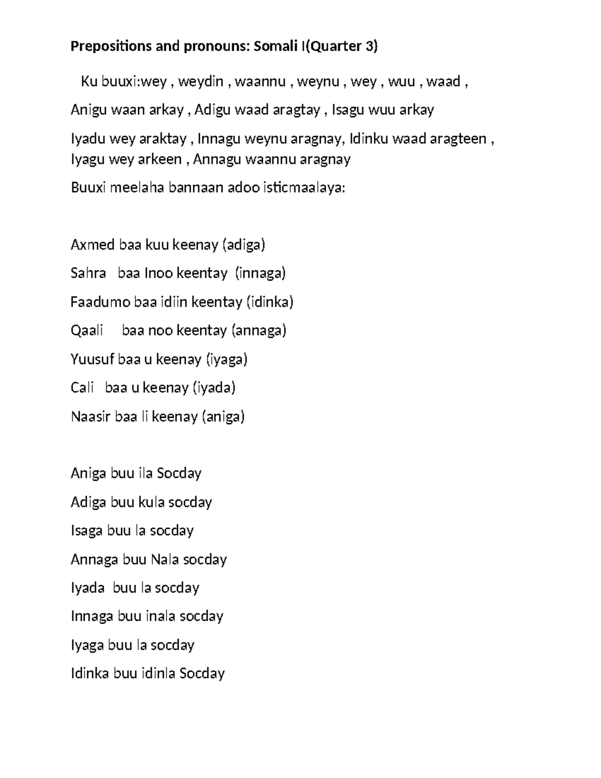 Prepositions and Pronouns Somali I Quarter 3 - Studocu