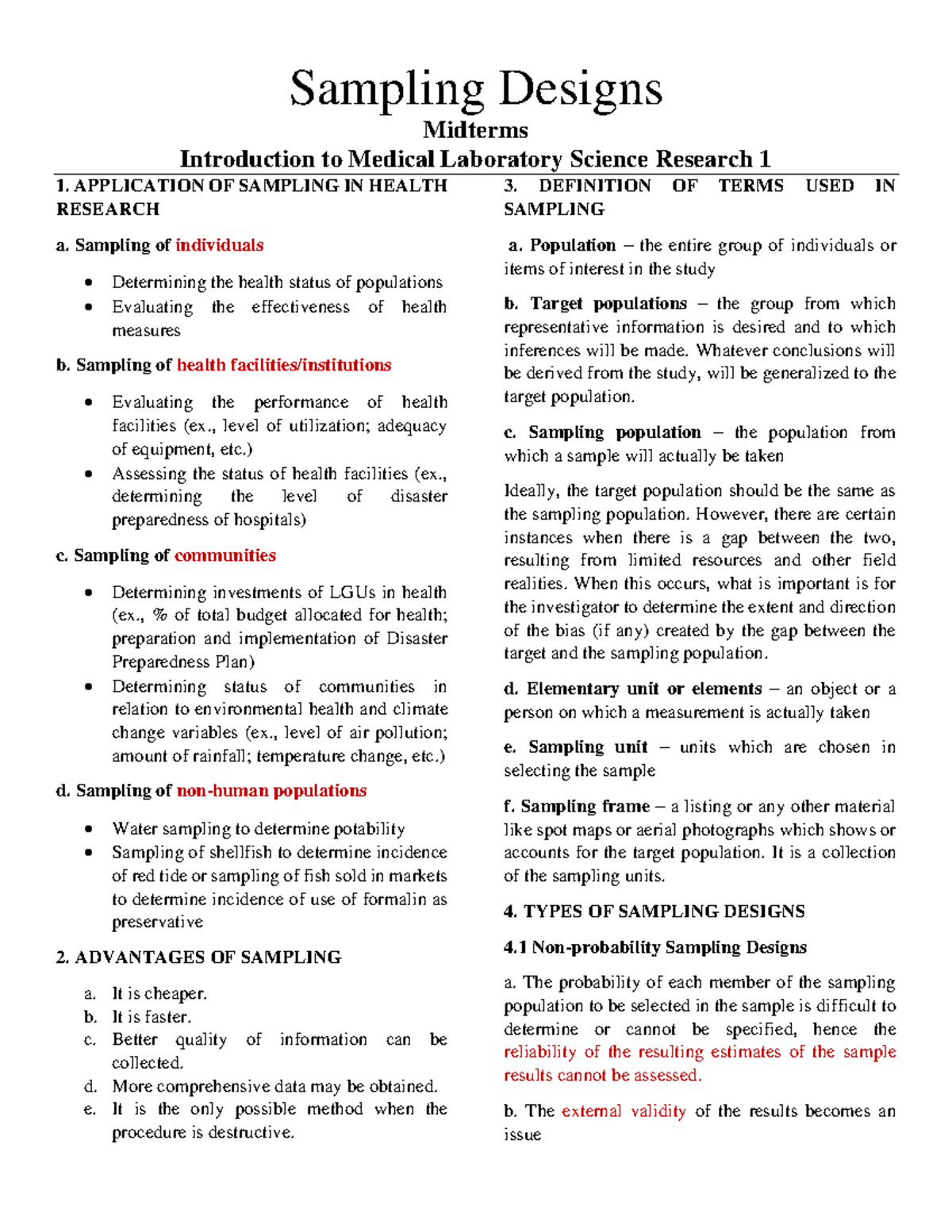 Research Notes - Sampling Designs - Sampling Designs Midterms ...