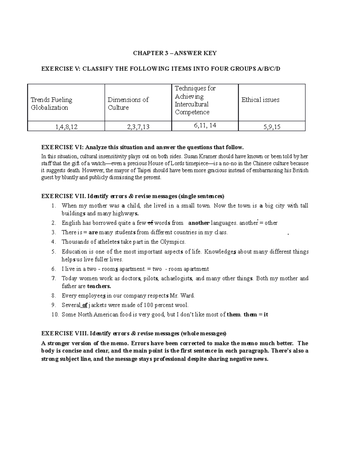 Chapter 3 KEY Key CHAPTER 3 ANSWER KEY EXERCISE V CLASSIFY THE