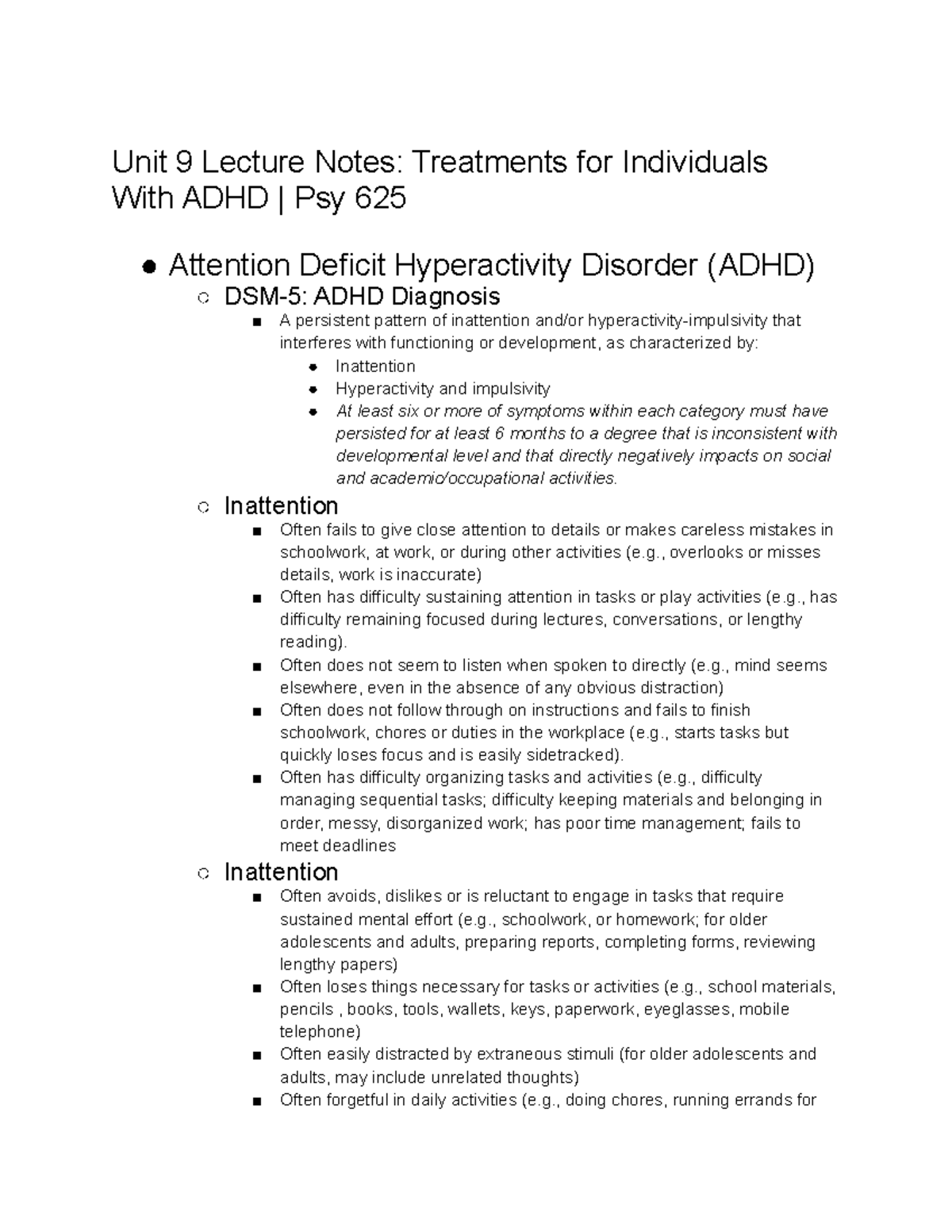 Unit 9 Lecture Notes Treatments for Individuals With ADHD Psy 625 ...