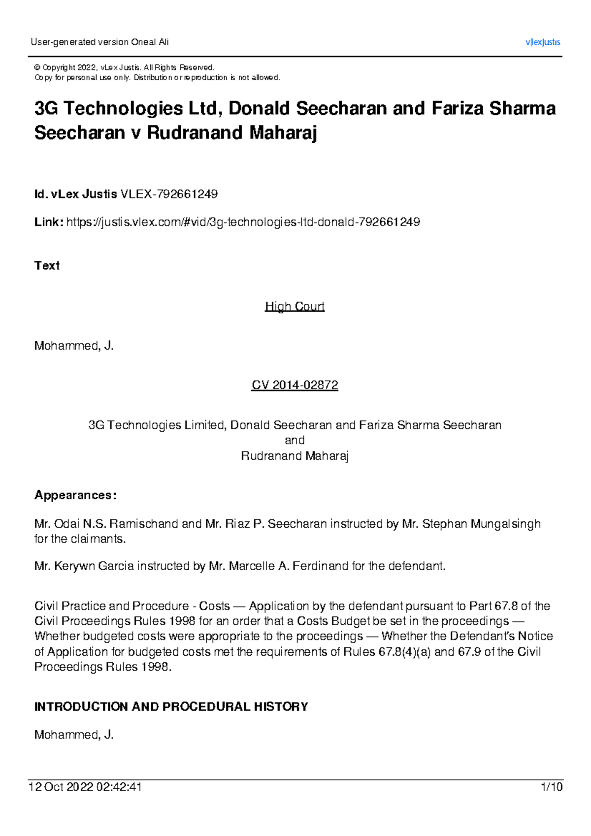 3G Technologies Ltd Donald Seecharan and Fariza Sharma Seecharan v ...