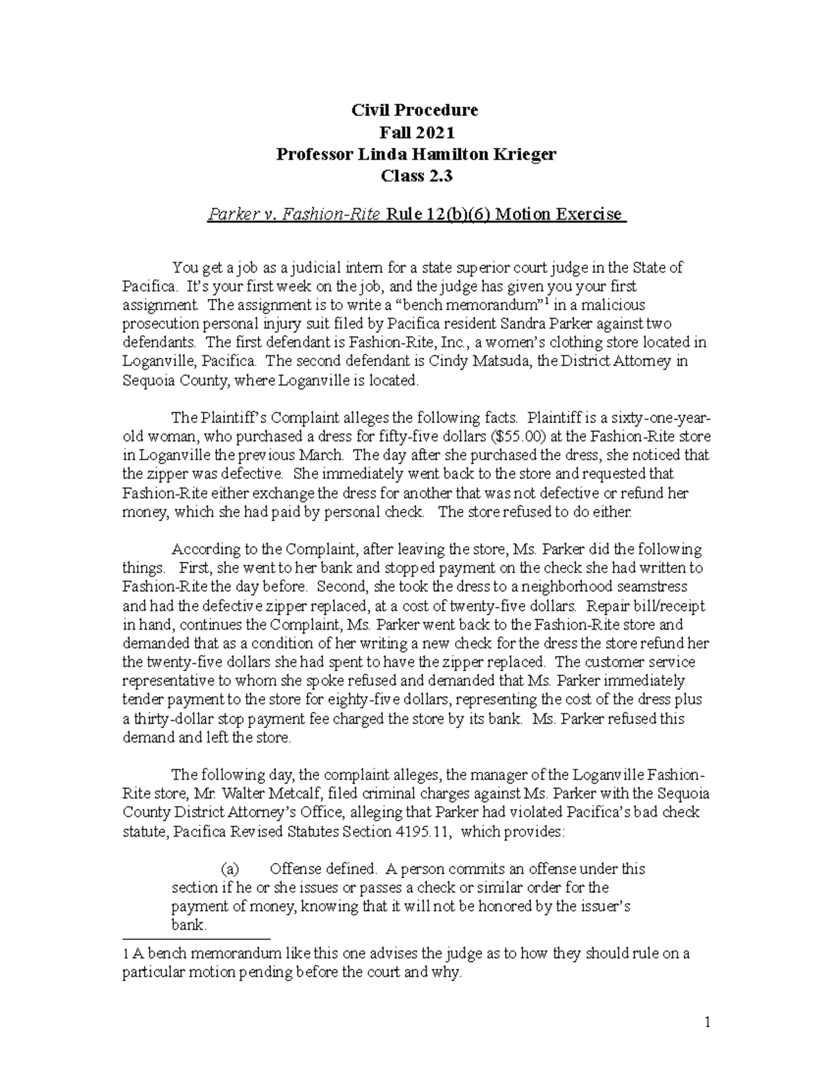 02.3 Rule 12b6 Motion Practice Problem - Civil Procedure Fall 2021 ...