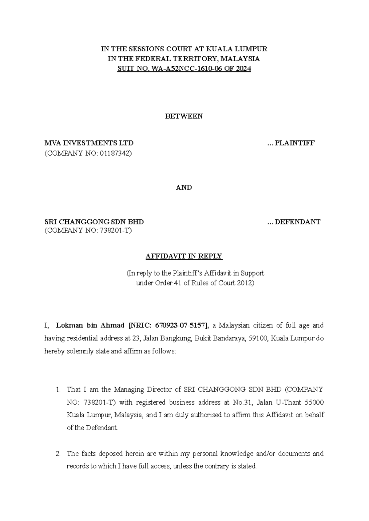 Affidavit in reply - IN THE SESSIONS COURT AT KUALA LUMPUR IN THE FEDERAL TERRITORY, MALAYSIA ...