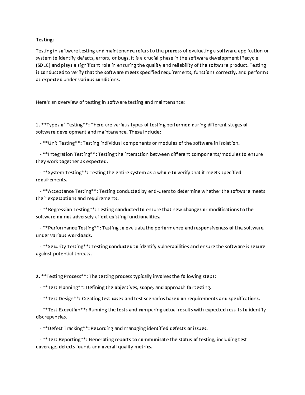 Oose Unit 4 Notes Testing Testing In Software Testing And Maintenance Refers To The Process