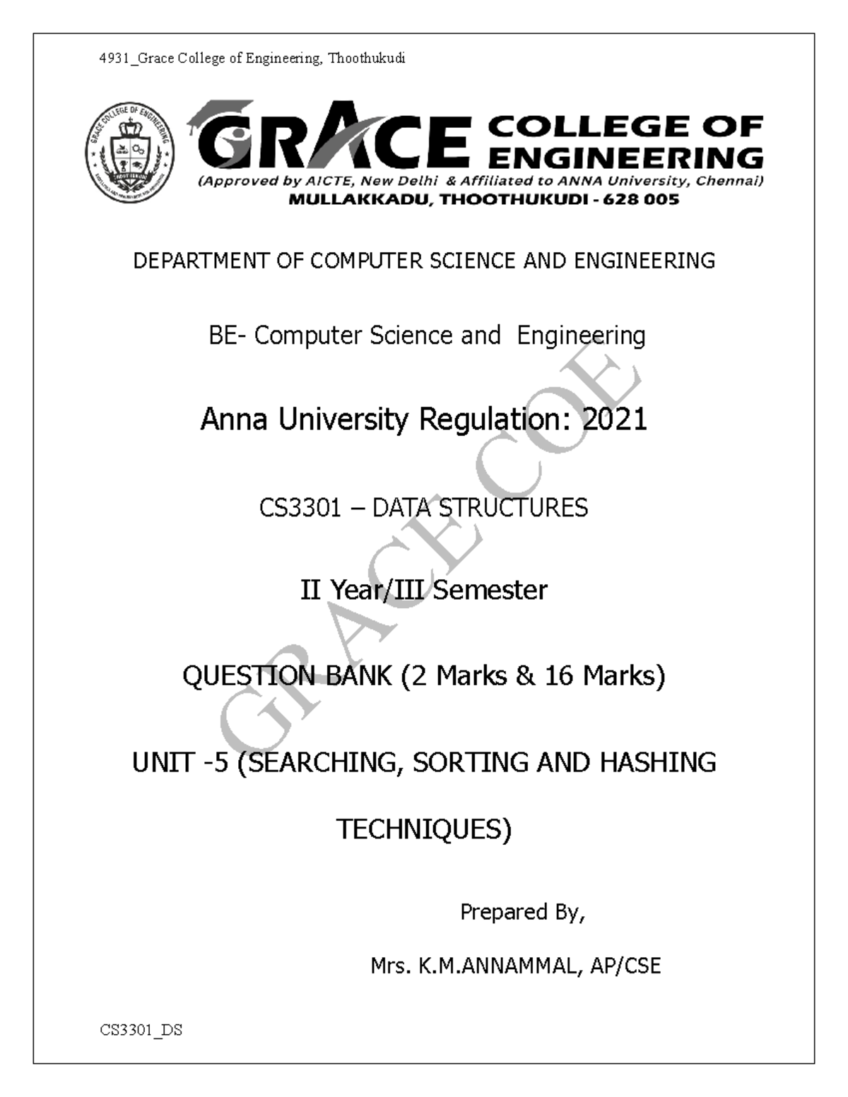 III CSE CS3301 DS QB Unit 5 - GRACE COE DEPARTMENT OF COMPUTER SCIENCE AND ENGINEERING BE ...