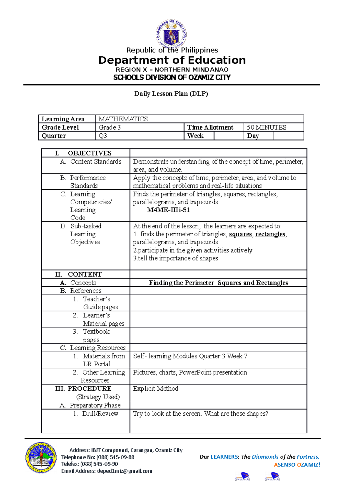 Lesson PLAN. MATH 4. Q3H - Department of Education REGION X – NORTHERN ...