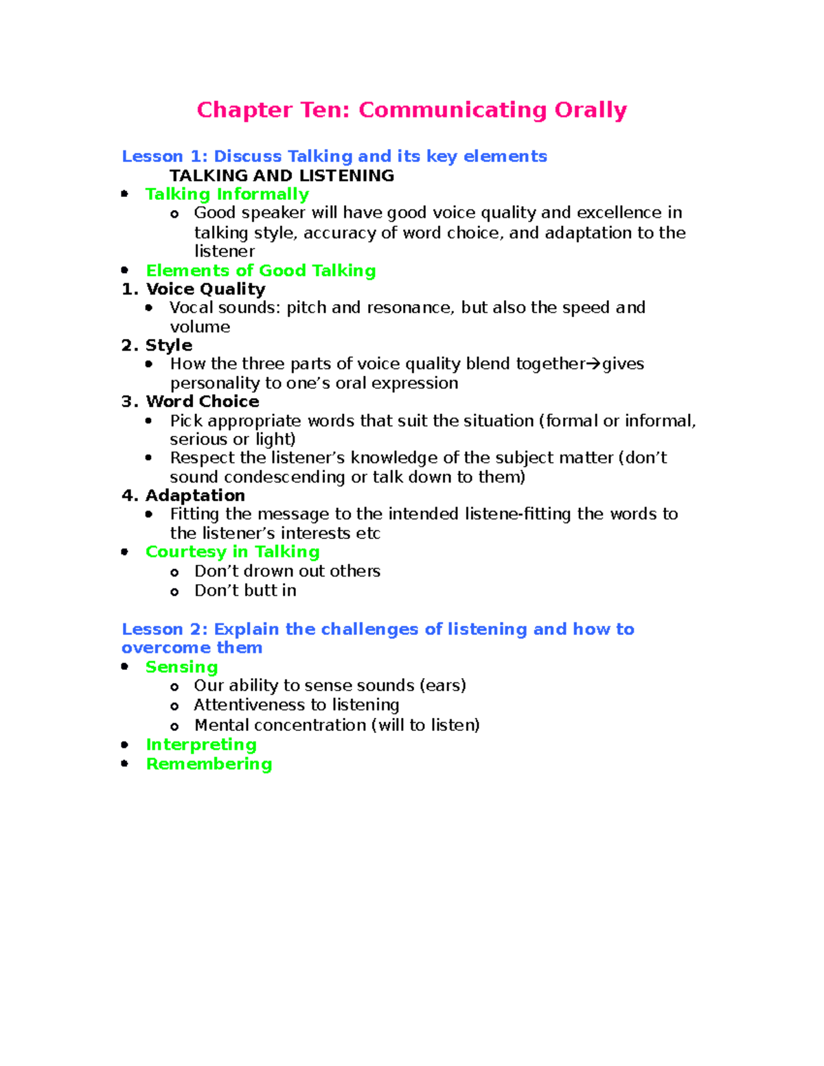 Chapter Ten - study guide - Chapter Ten: Communicating Orally Lesson 1 ...