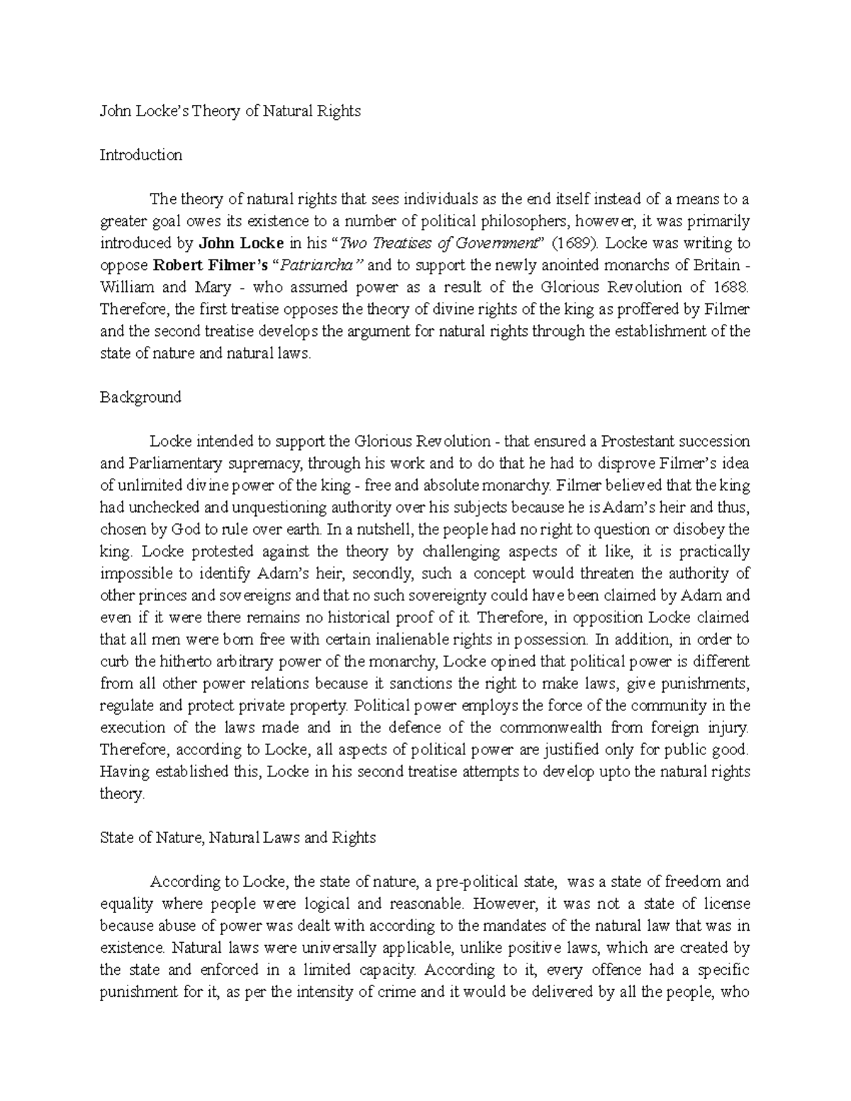 CPP Assignment - John Locke’s Theory of Natural Rights Introduction The ...