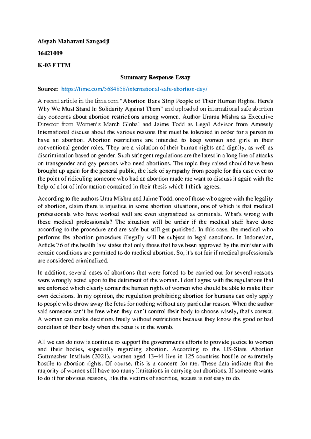 Summary Response Essay - Aisyah Maharani Sangadji 16421019 K-03 FTTM ...