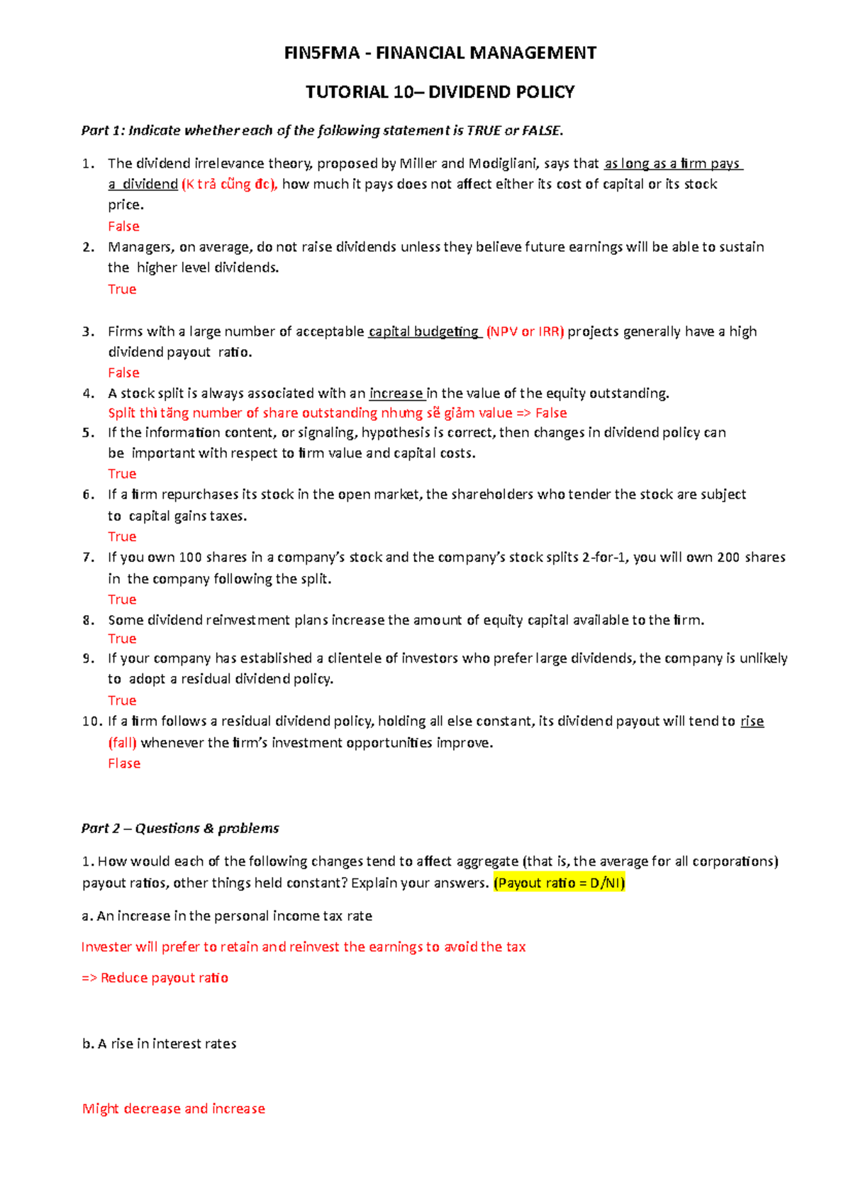 Tutorial 10 - financial management - FIN5FMA - FINANCIAL MANAGEMENT ...