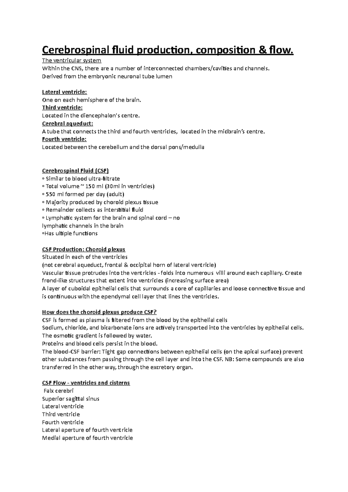 CSF - Lecture notes 8 - Cerebrospinal fluid production, composition ...