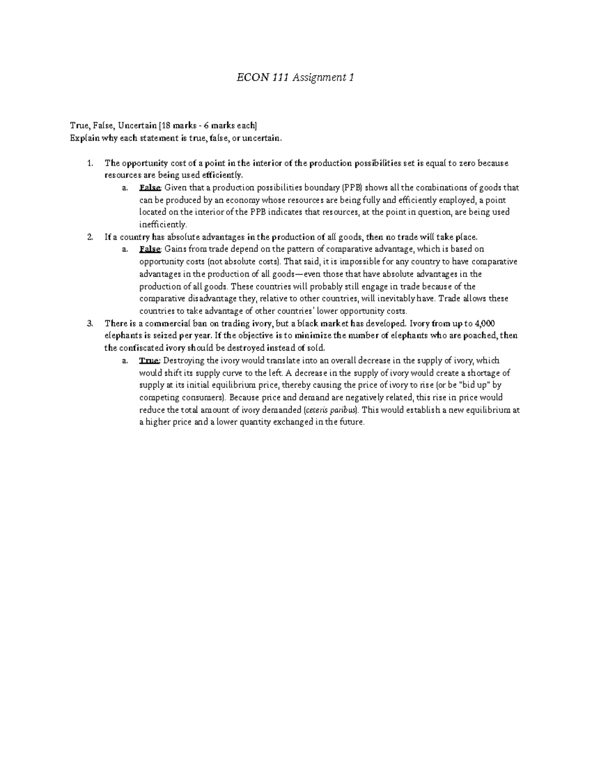 A1 Responses ECON 111 - ECON 111 Assignment 1 True, False, Uncertain ...