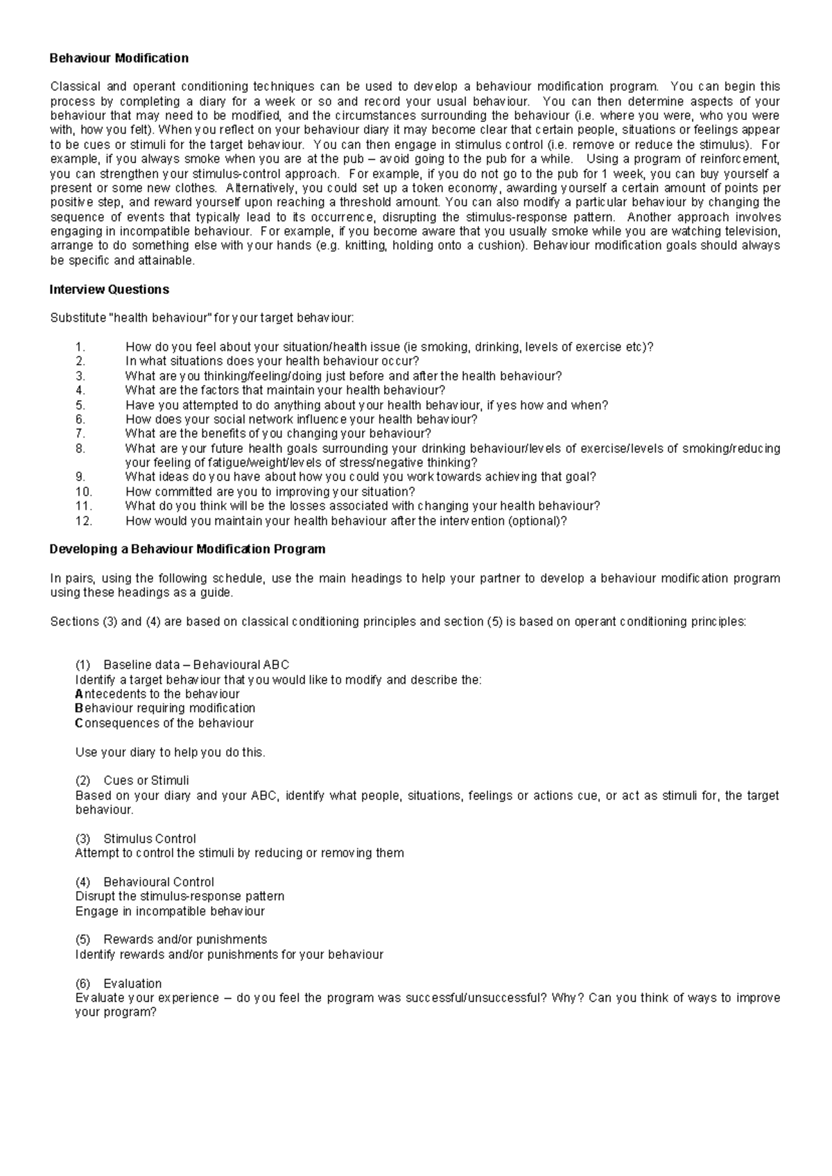 Interview schedule - Behaviour Modification Classical and operant ...