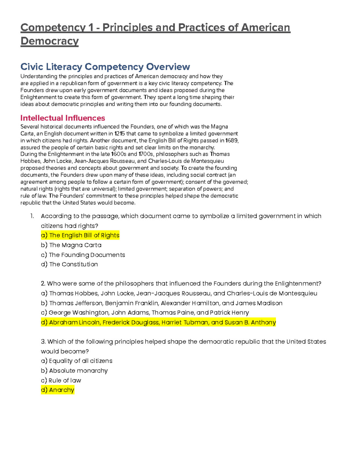 Civic Literacy Competency Overview 1 & 2 - Competency 1 - Principles ...