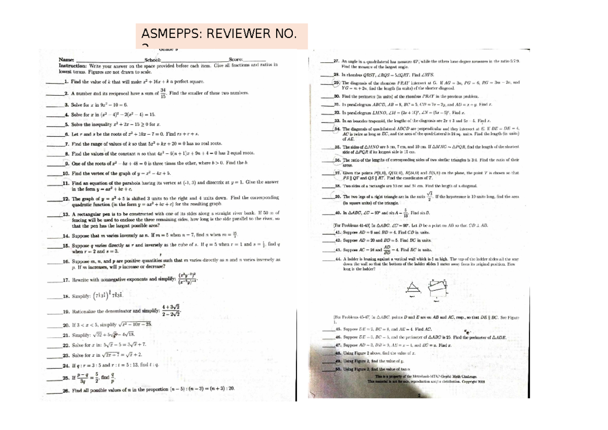 2018 Asmepps Reviewer 2 - ASMEPPS: REVIEWER NO. Name: School: Score: 27 ...