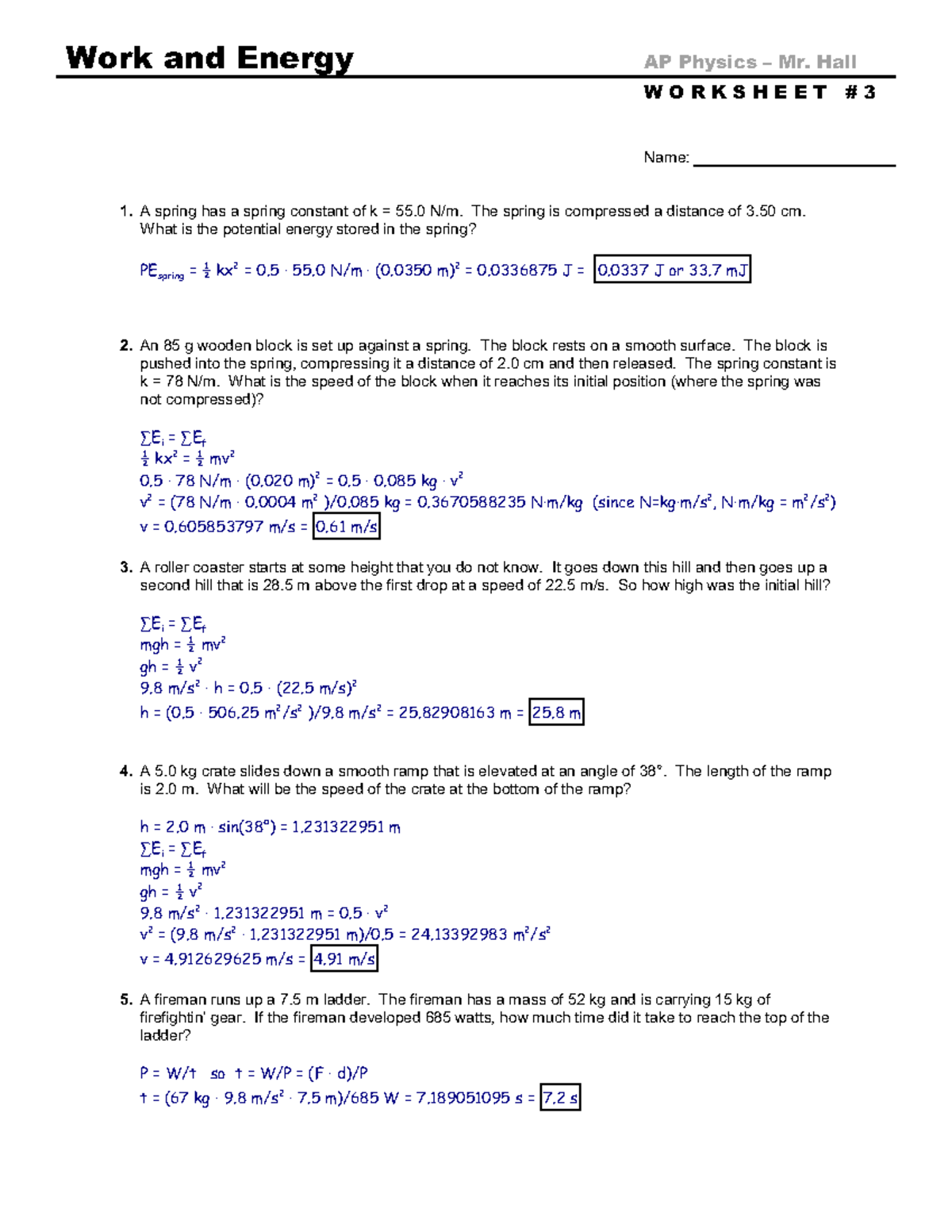 Work and energy - worksheet 3 key - Work and Energy AP Physics – Mr ...