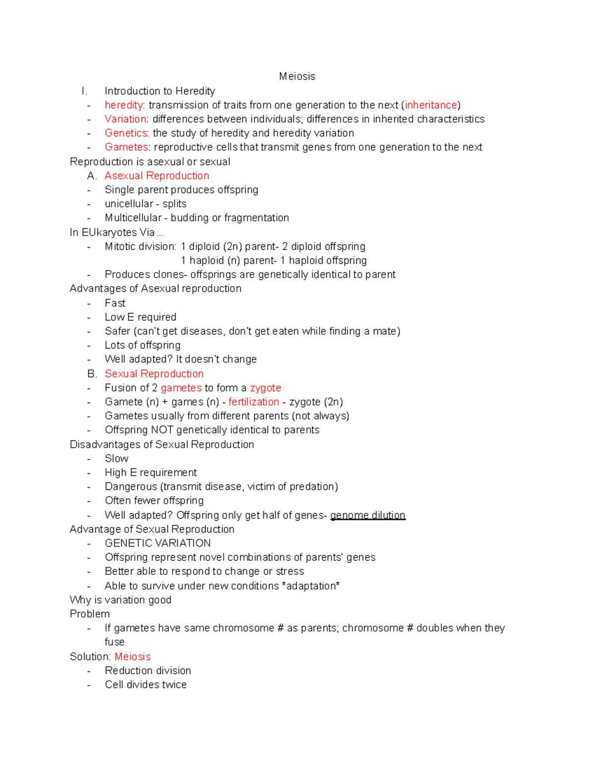 Meiosis Lecture Notes - Meiosis I. Introduction to Heredity heredity ...