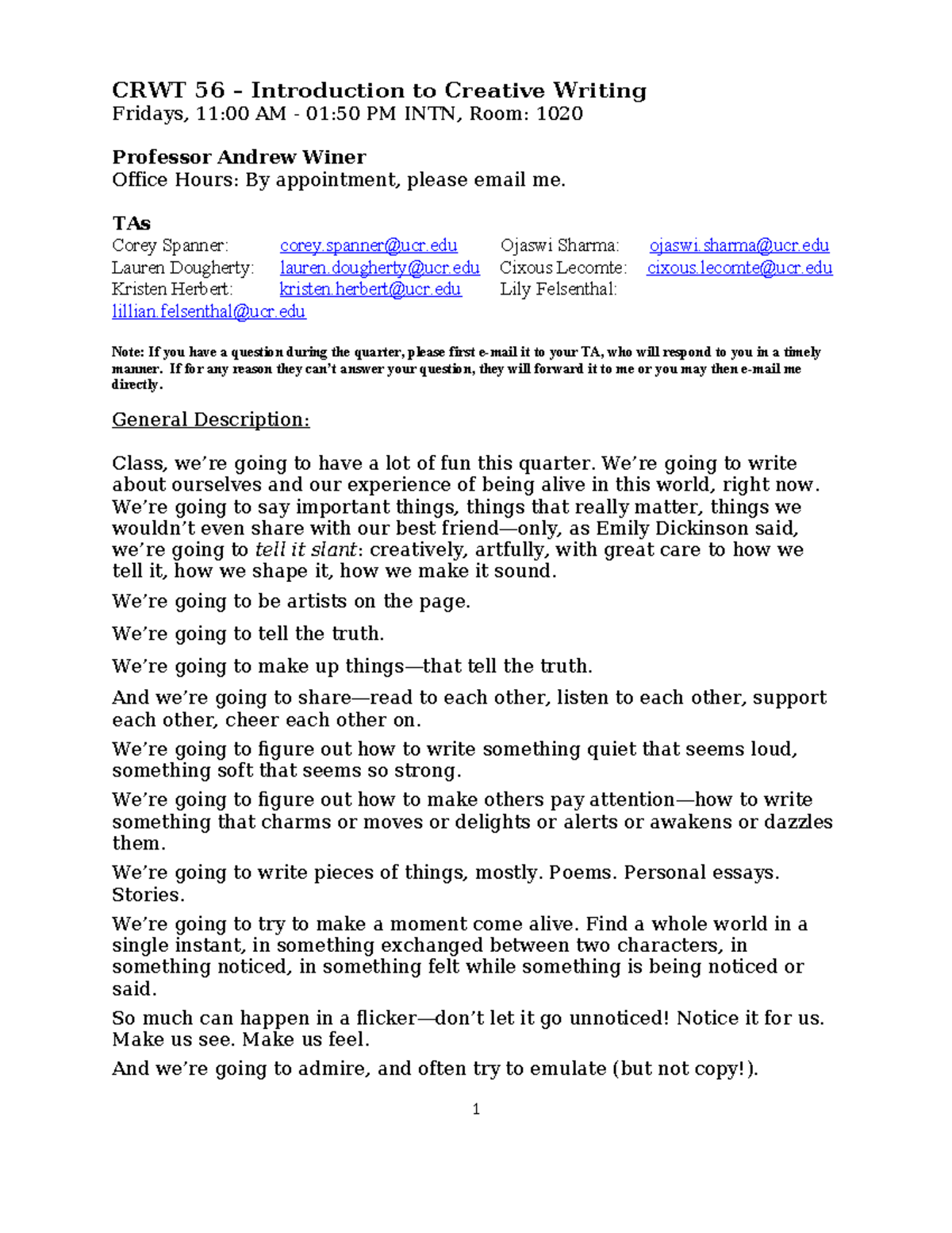 CRWT 56 - Syllabus - Winter 2024-2 - CRWT 56 – Introduction to Creative ...