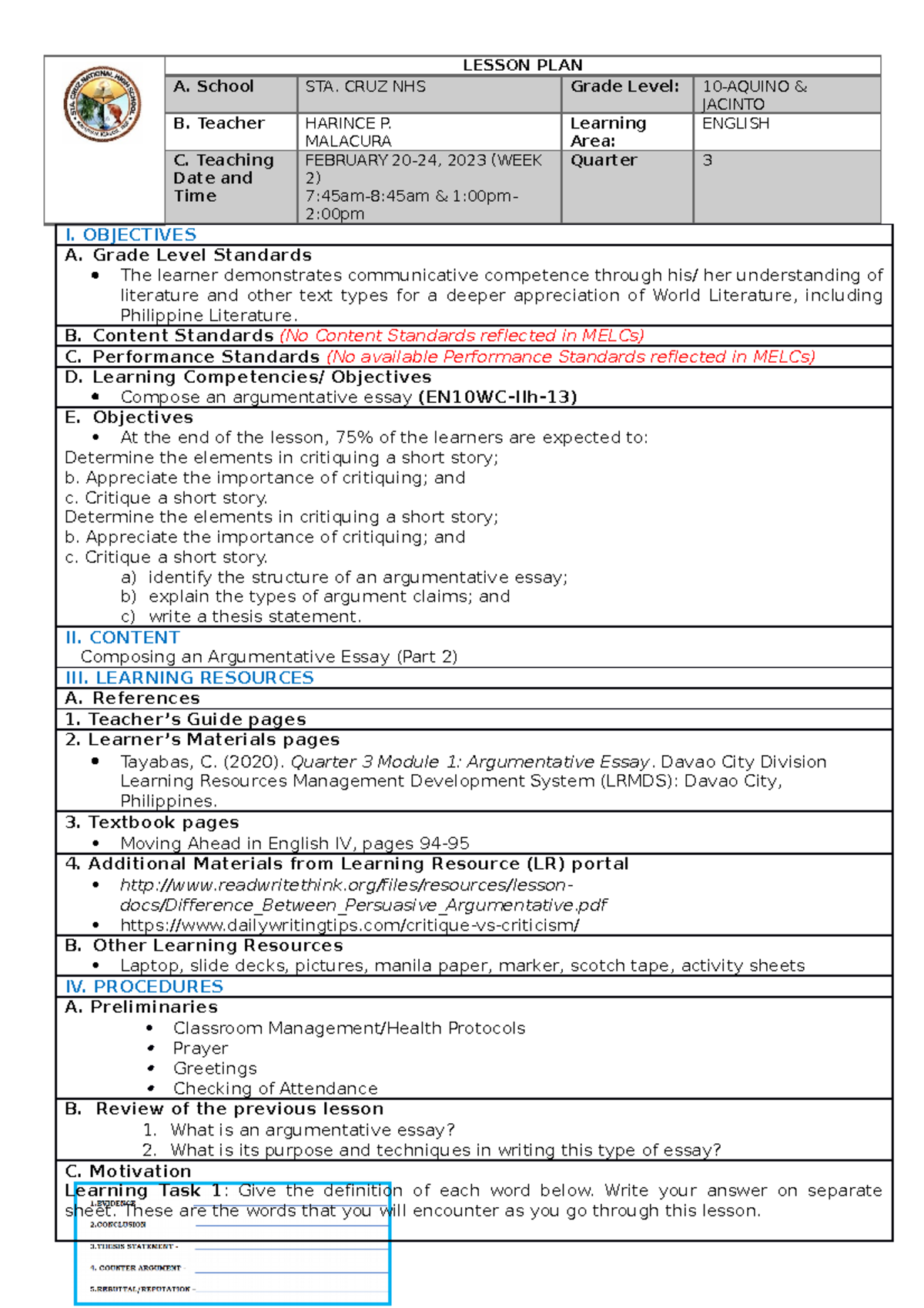 LP English 10Q3W2 - Lesson Plan - LESSON PLAN A. School STA. CRUZ NHS ...