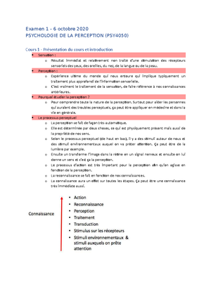 Résume Perception Objets PSY4051 - Révision PSY Cour 4 Perception des ...