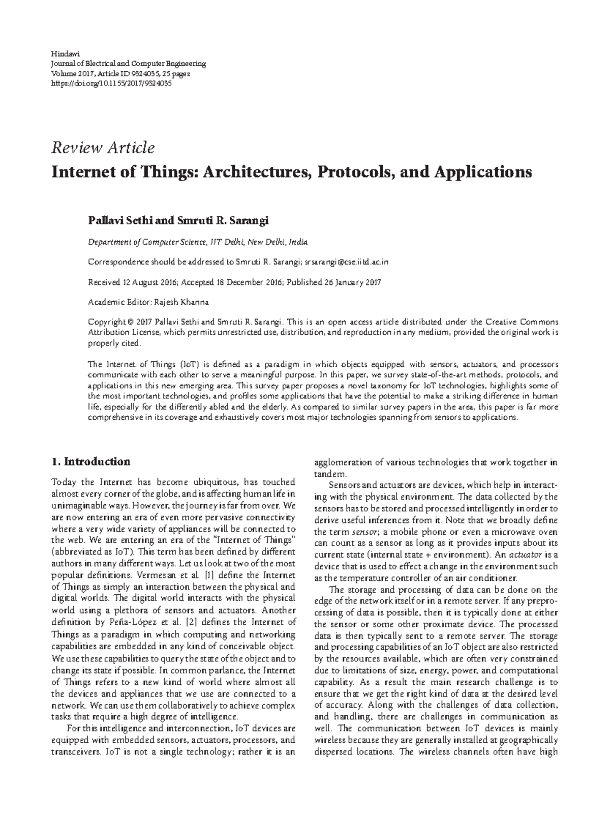 Internet of Things Architectures Protocols and App - Review Article Internet of Things: - Studocu