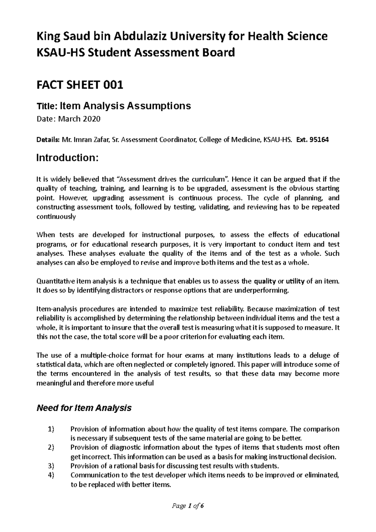 Fact Sheet - Item Analysis Assumptions - King Saud bin Abdulaziz ...