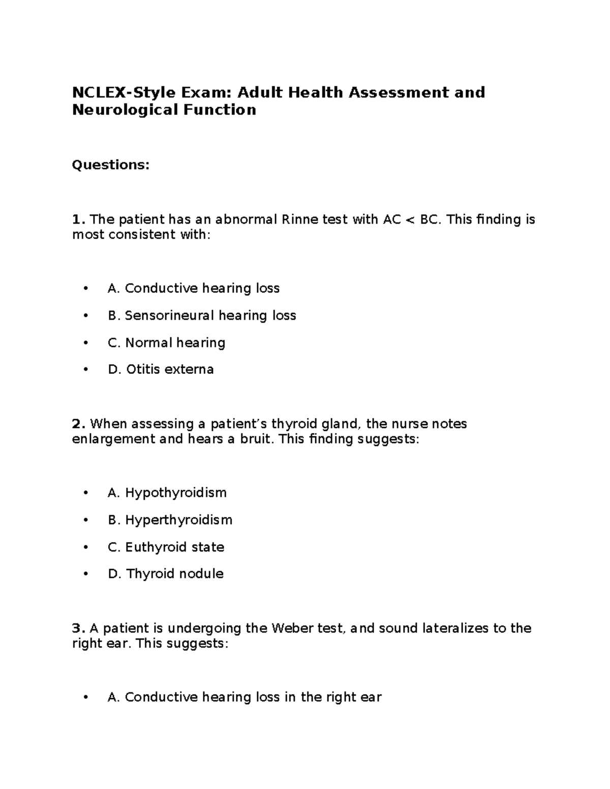Document - mock exam - NCLEX-Style Exam: Adult Health Assessment and ...