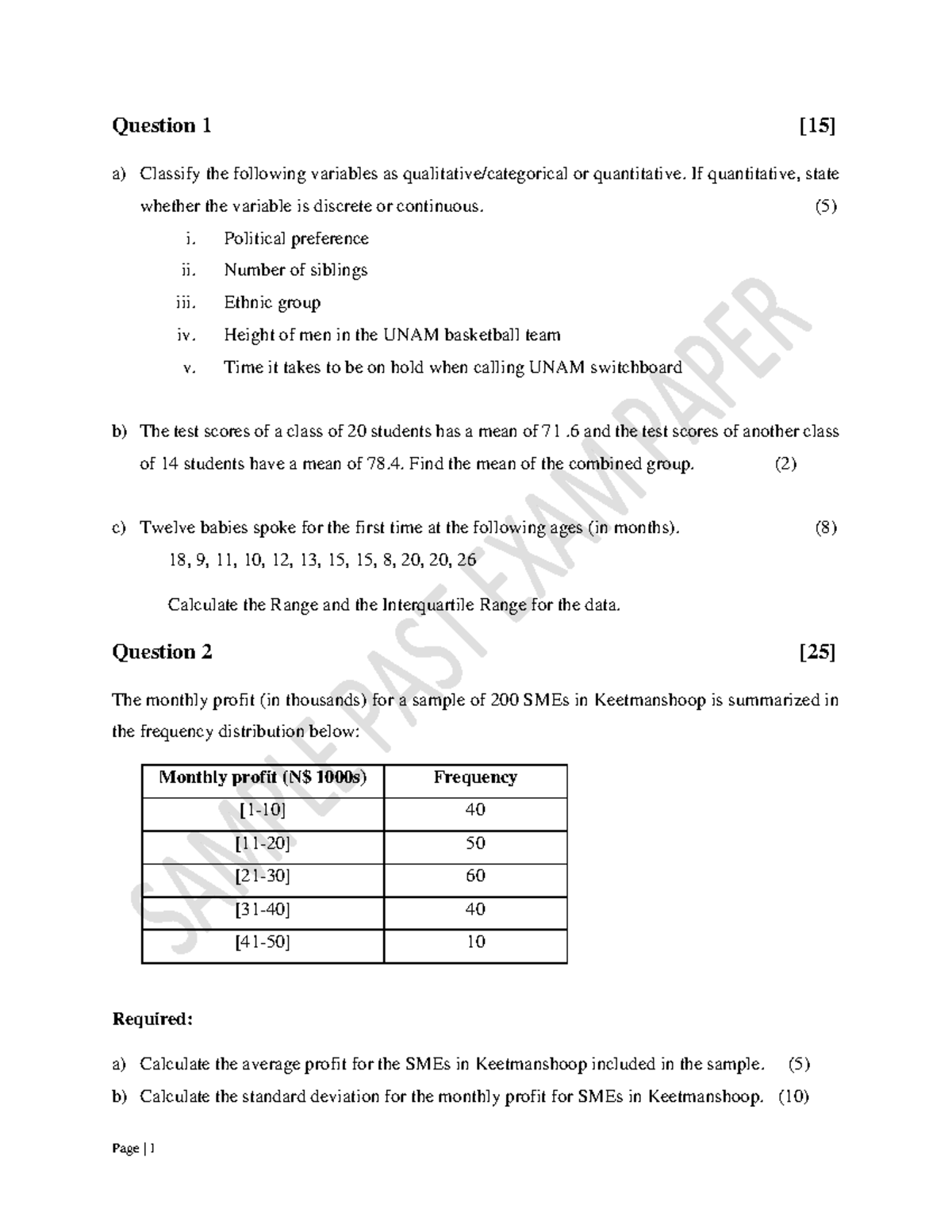 Sample EXAM Paper - Page | 1 Question 1 [15] a) Classify the following ...