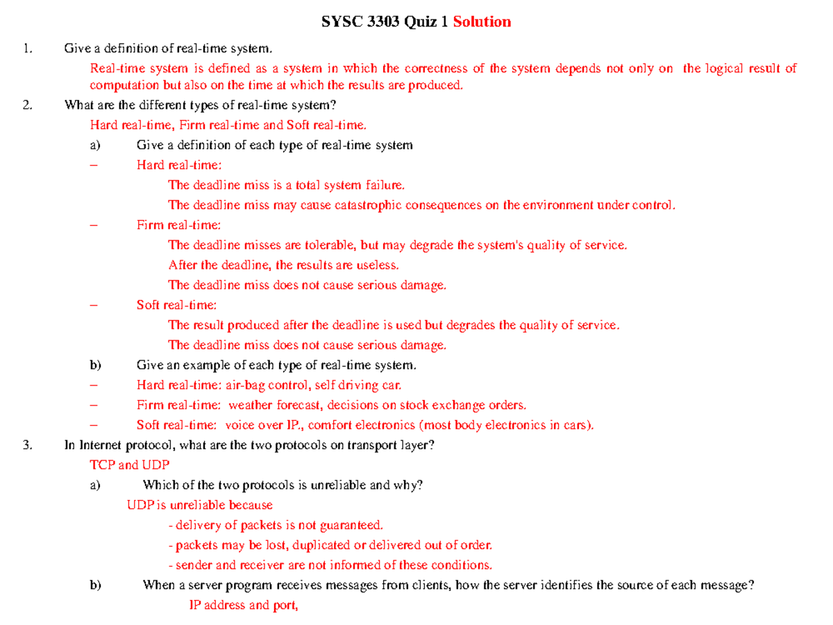 Exam February 2015, questions and answers - Quiz 1 - SYSC 3303 Quiz 1 Solution 1. 2. 3. Give a ...