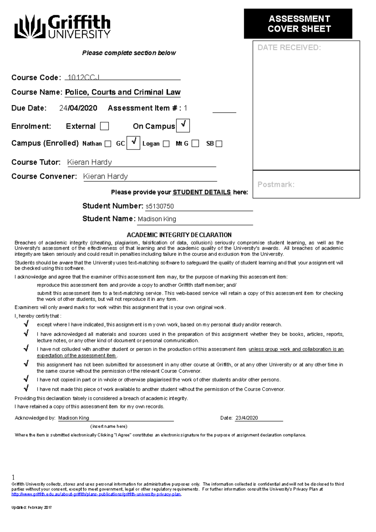 Court Report for major assessment - ASSESSMENT COVER SHEET Please ...