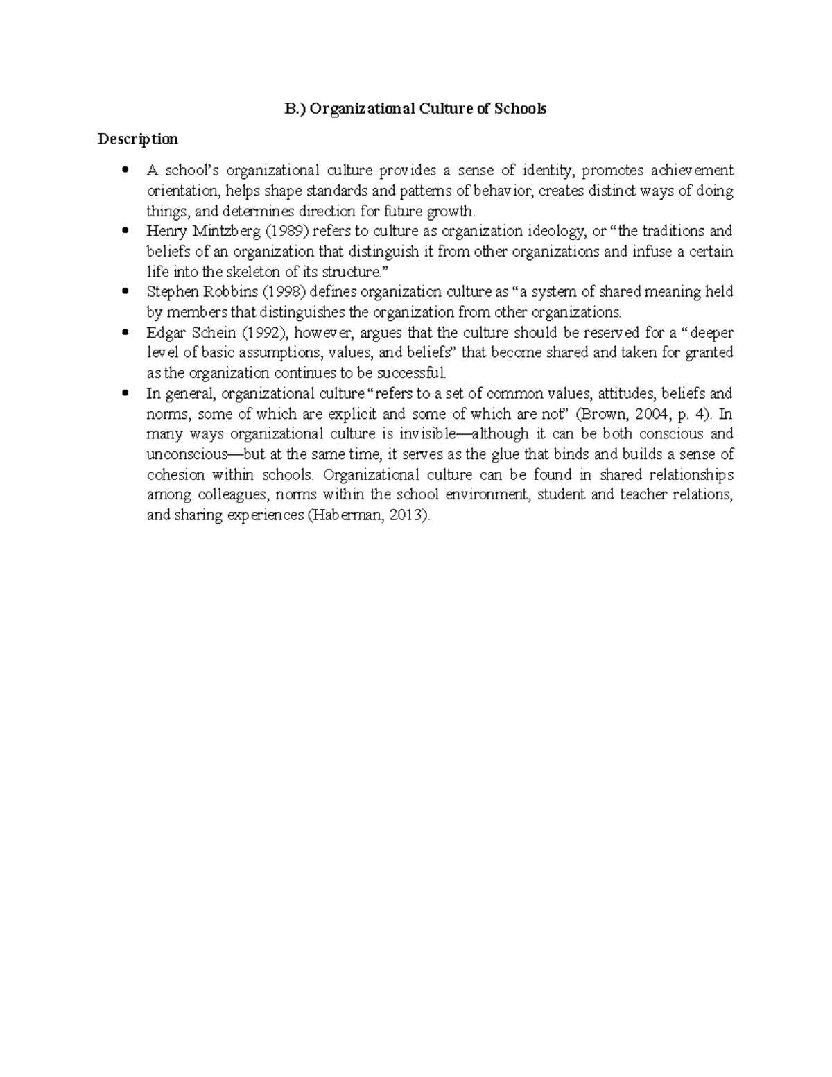 ED10 Report - None - B.) Organizational Culture of Schools Description A school’s organizational ...