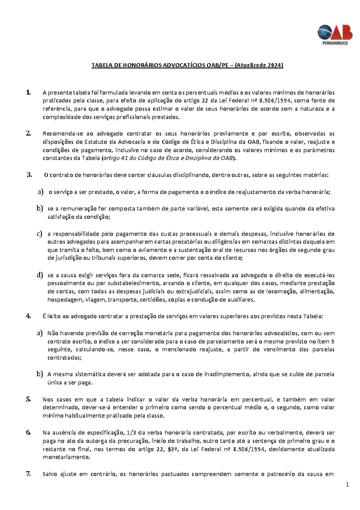 Tabela OAB PE 2024 - TABELA DE HONORÁRIOS ADVOCATÍCIOS OAB/PE ...