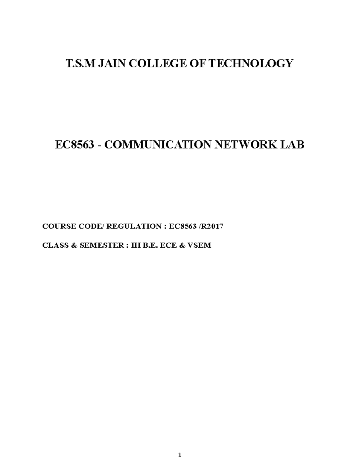 EC8563 Comm Networks Lab - T.S JAIN COLLEGE OF TECHNOLOGY EC8563 ...