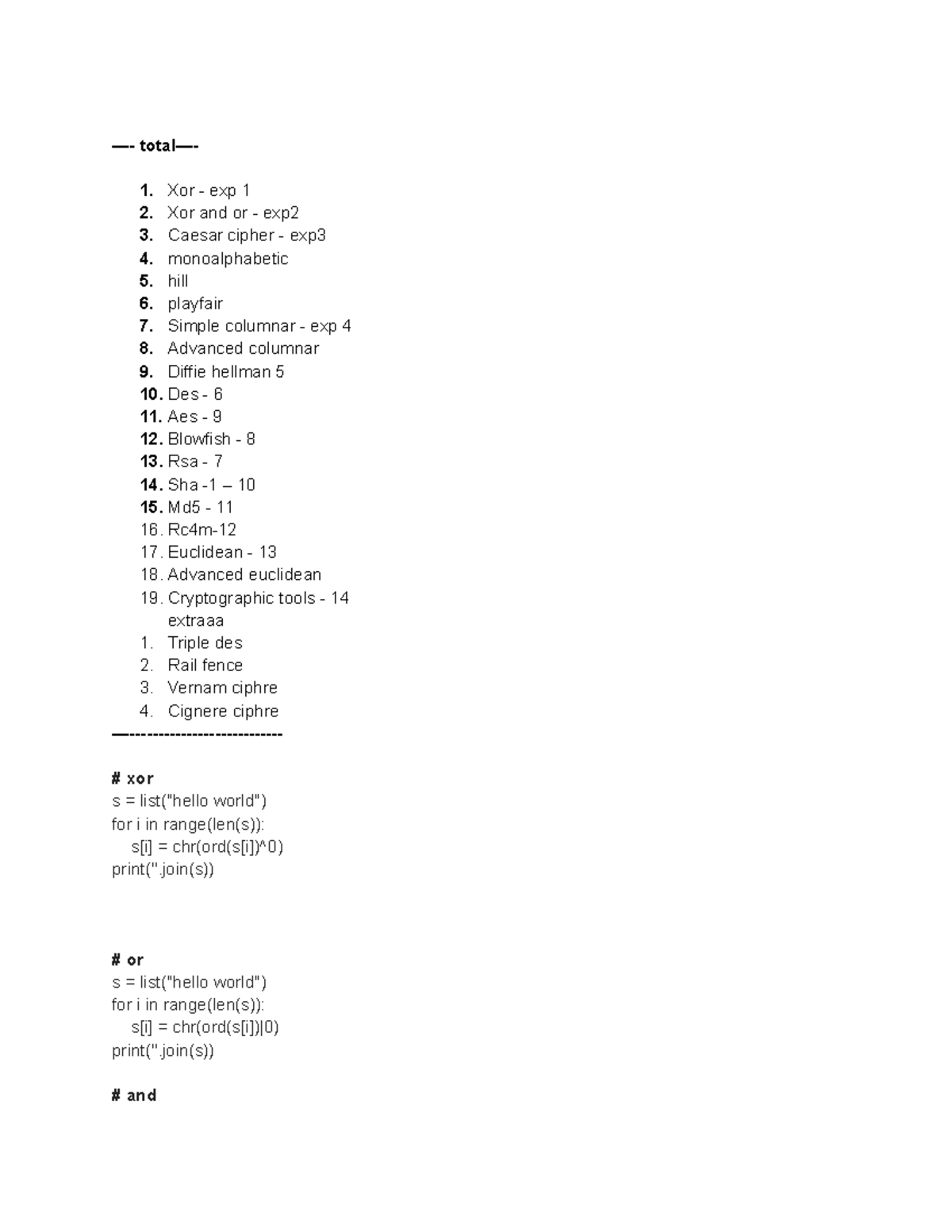 CNS Record - —- total—- 1. Xor - exp 1 2. Xor and or - exp 3. Caesar ...