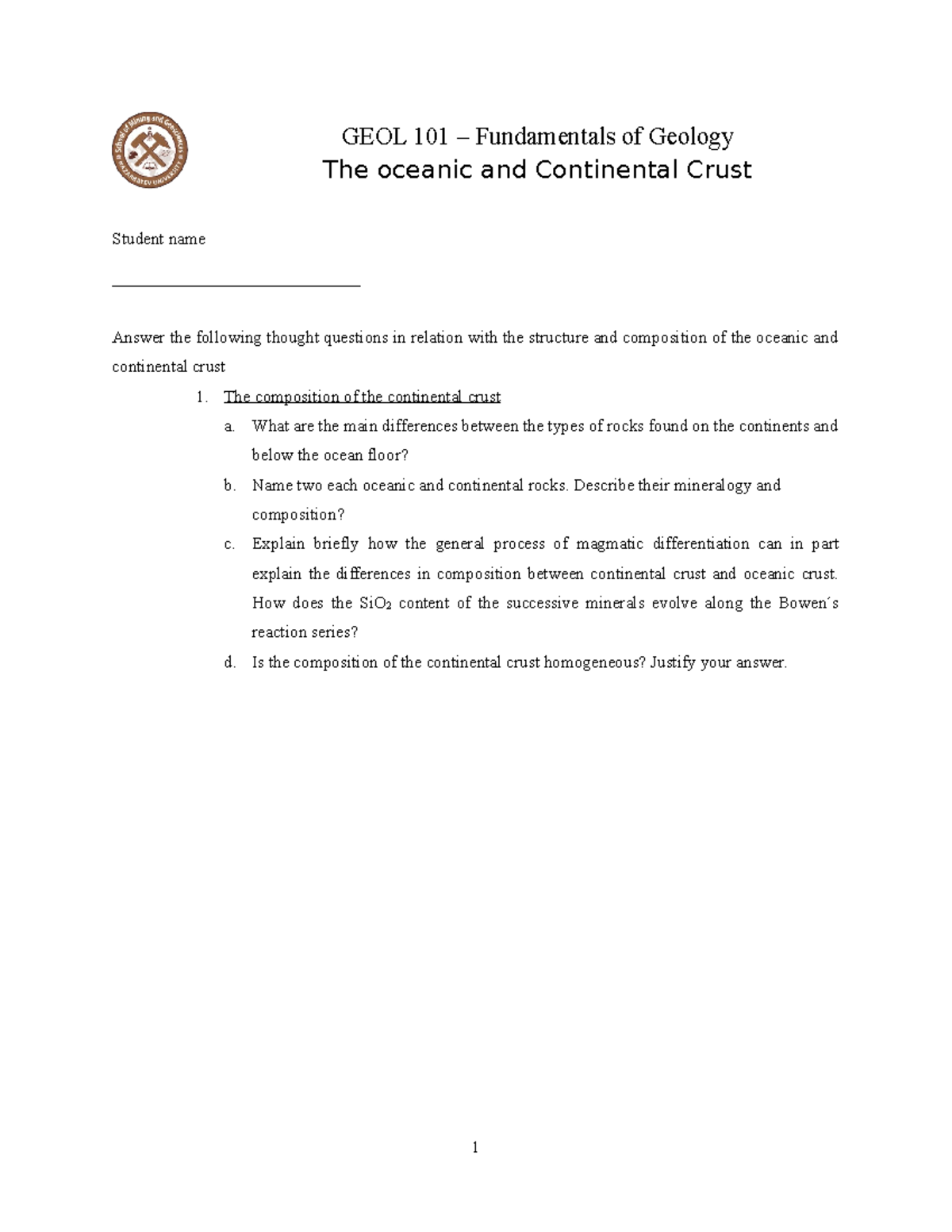 GEOL 101 - Laboratory 4 Oceanic and Continental Crust - GEOL 101 – Fundamentals of Geology The ...