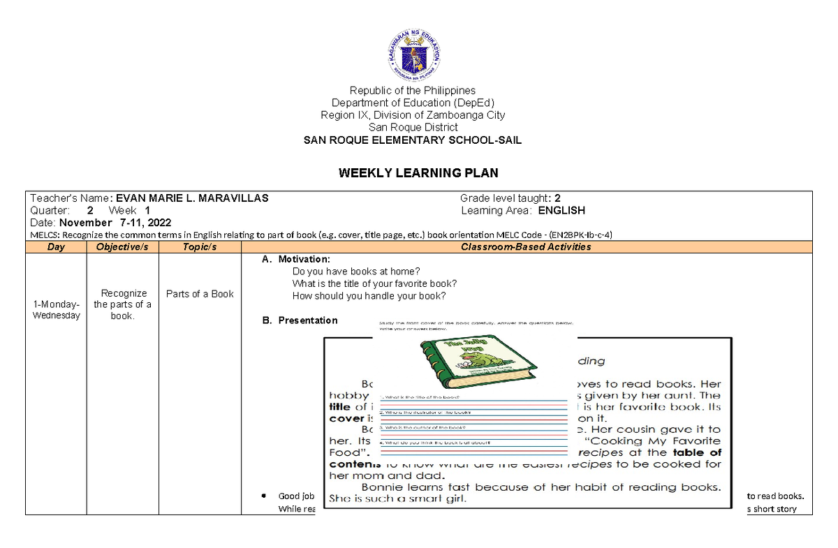 Q2W1 English - WEEKLY LEARNING PLAN Teacher’s Name: EVAN MARIE L ...