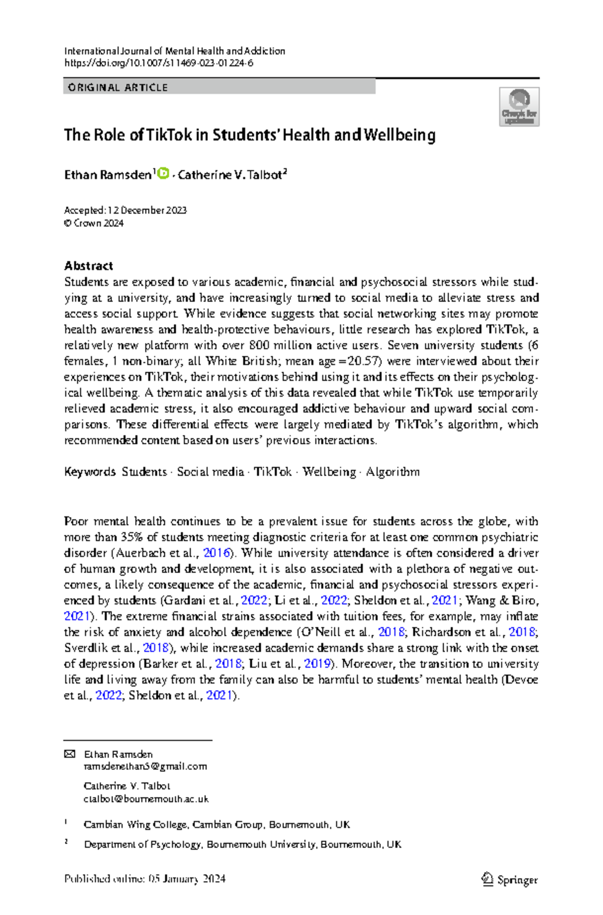 Tiktok impact on students - Vol.:(0123456789) doi/10.1007/s11469-023 ...