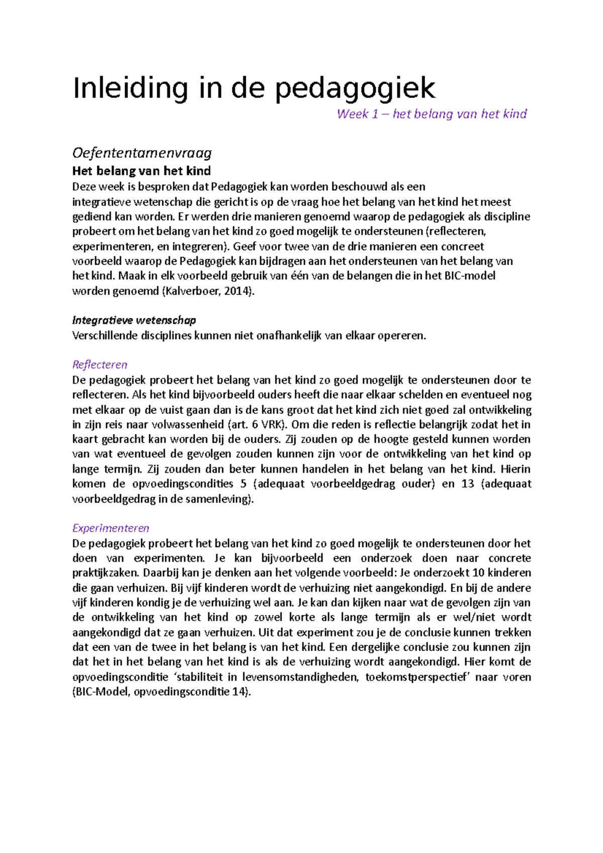 Oefententamen week 1 uitwerking voor het portfolio - Inleiding in de pedagogiek Week 1 – het ...
