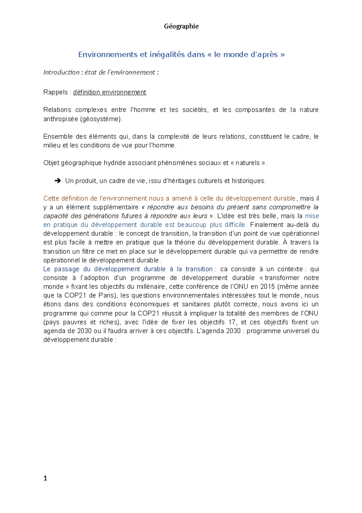 Géographie - Dans ce cours nous abordons l'environnement. Nous parlons ...