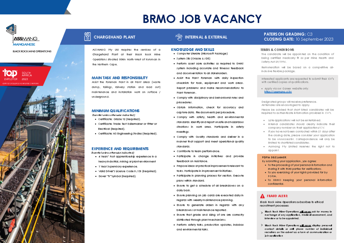 Chargehand Plant - BRMO JOB VACANCY MAIN TASK AND RESPONSIBILITY ...