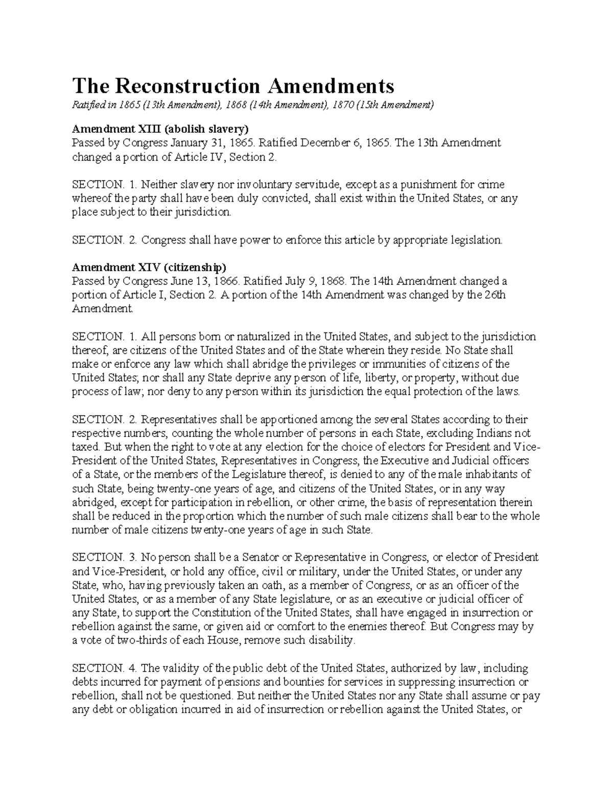 AP History 13-15TH Ammendment - The Reconstruction Amendments Ratified ...