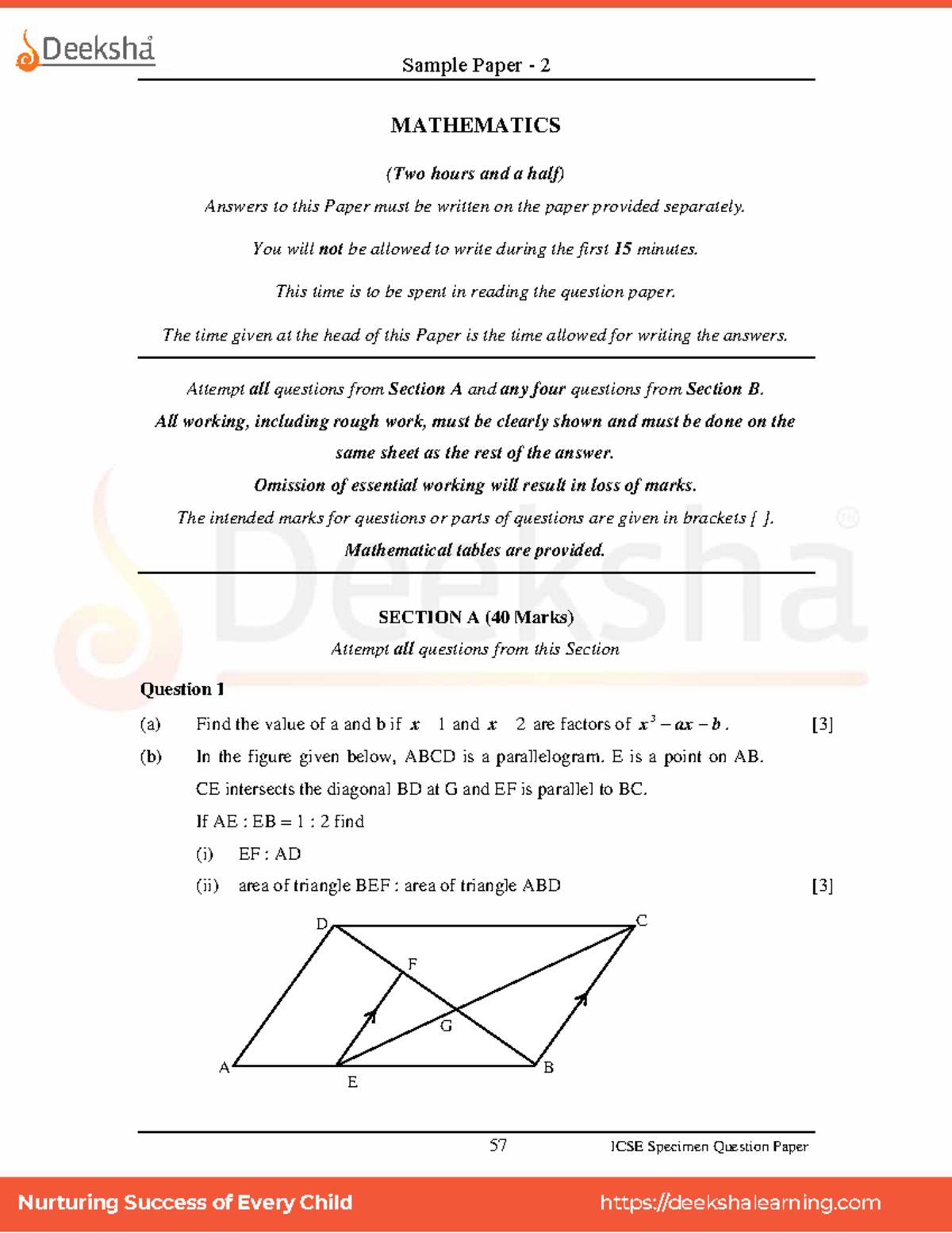 ICSE Class 10 Maths Sample Paper 2 2021 - 57 ICSE Specimen Question ...