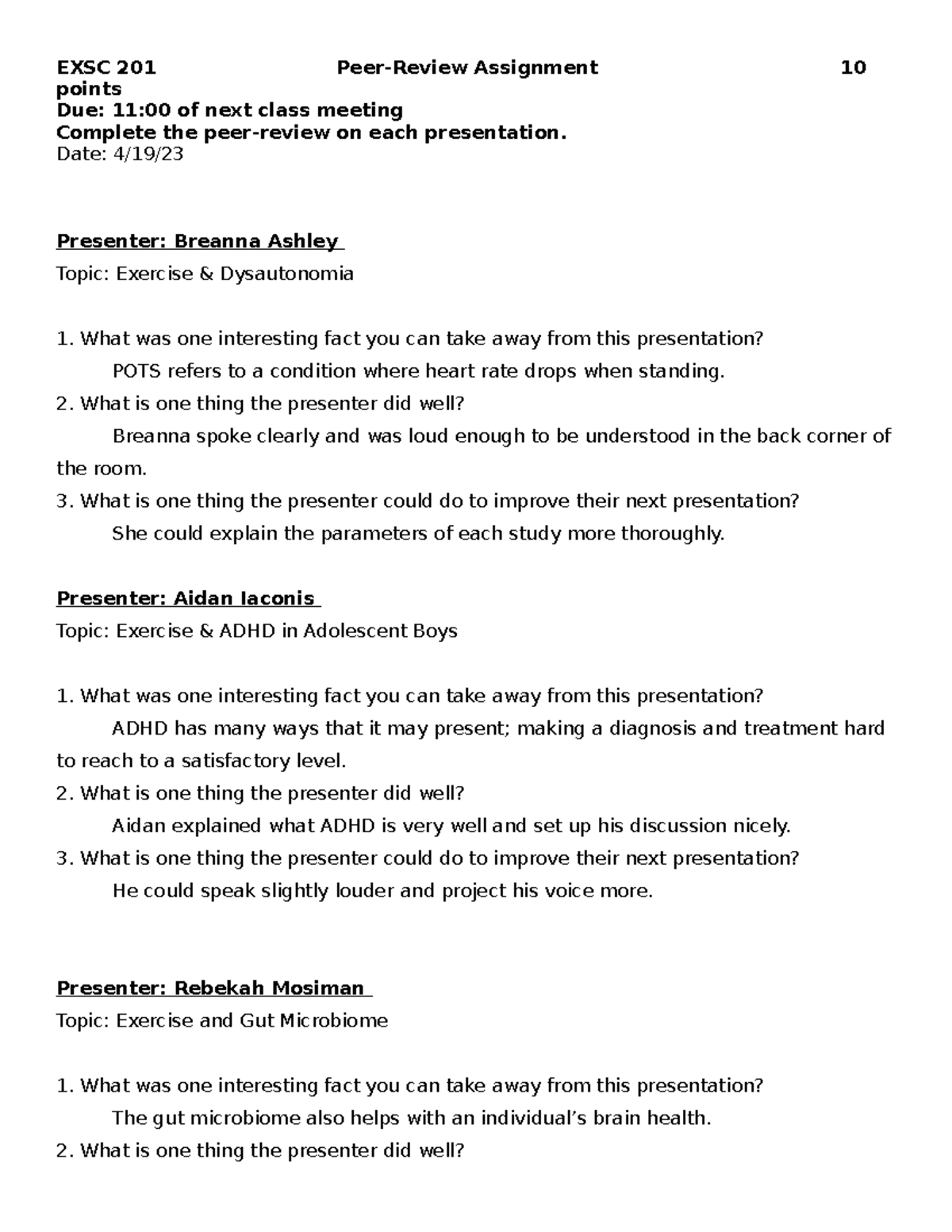 EXSC 201 Peer-review assignment 4-19 - EXSC 201 Peer-Review Assignment ...